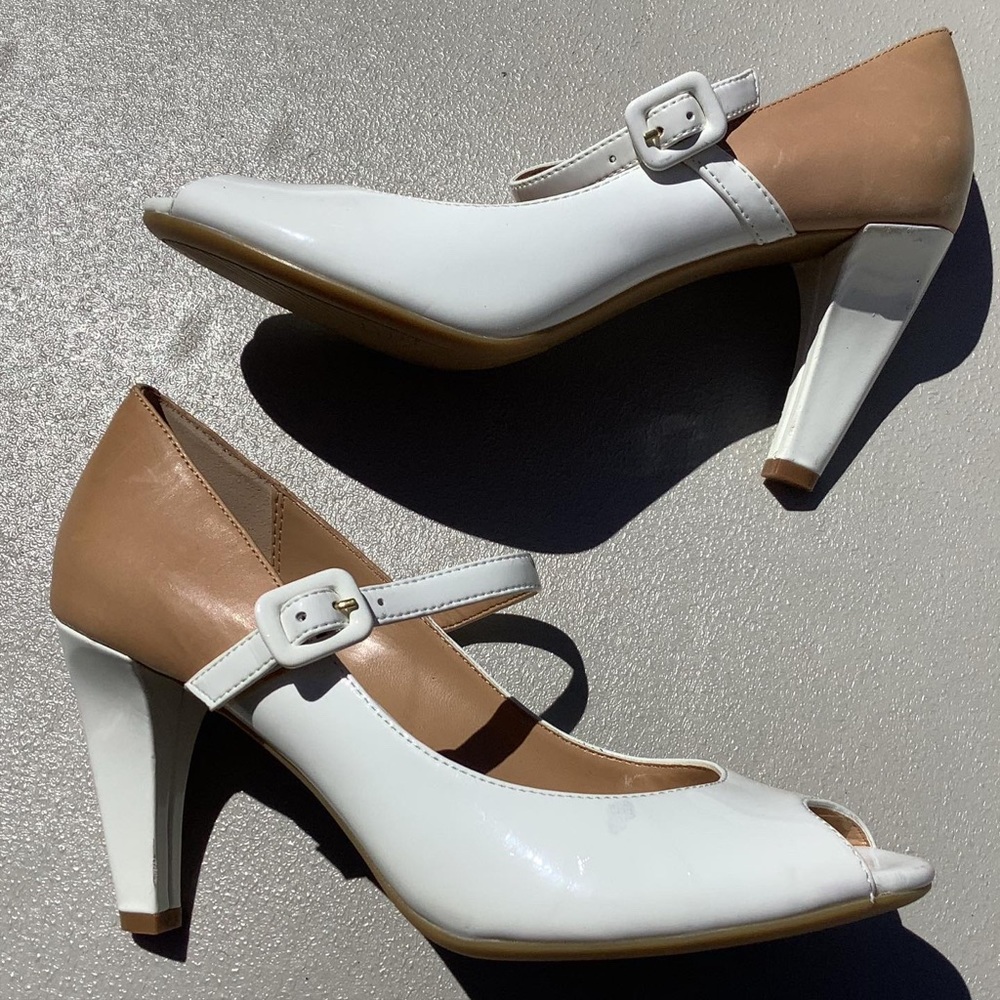 Franco Sarto White Patent Leather & Tan Leather Open … - Gem